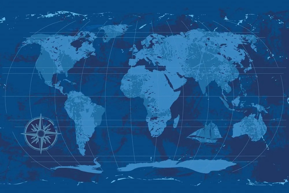 Tapeta rustikální mapa světa v modré barvě - 450x300 cm