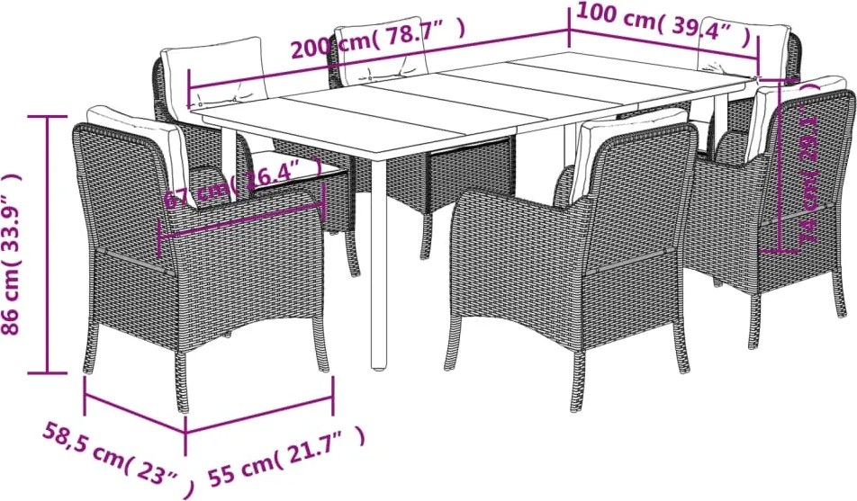 7dílný zahradní jídelní set s poduškami černý polyratan 3211918