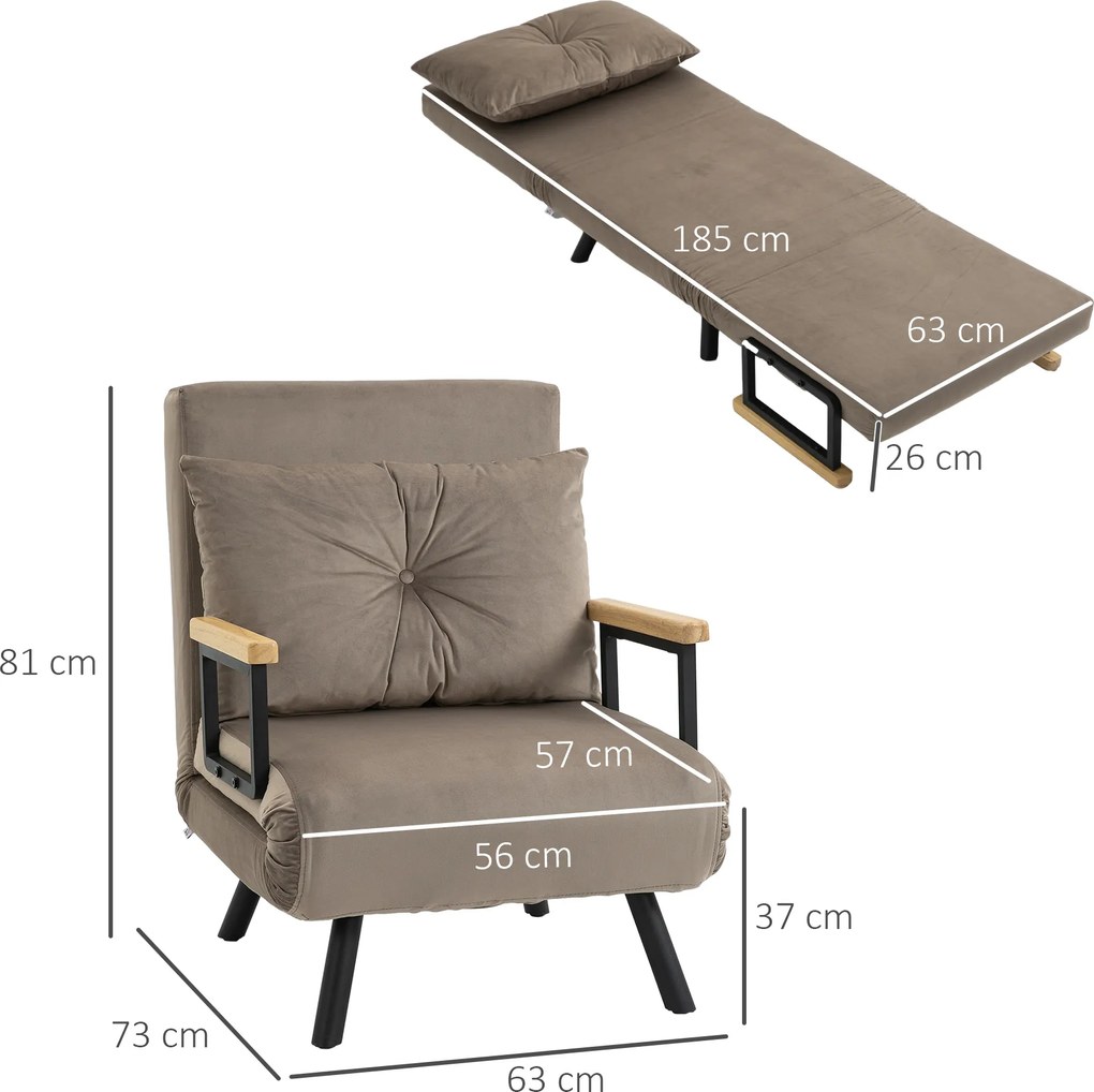HOMCOM Křeslo s funkcí lůžka, 63 x 73 x 81 cm, s opěradlem nastavitelným v pěti směrech, prostorově úsporné, robustní, sametový vzhled, světle hnědé|…