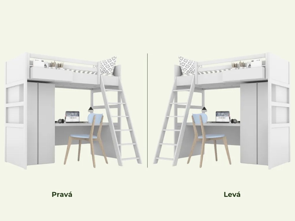 Bílá vyvýšená postel SIMONE se žebříkem, skříní, psacím stolem a policí 90x200 cm