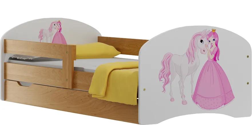 Dětská postel s motivem PRINCESS  se zábranou Rozměr: 180x90, Matrace: bez matrace, Barevná kombinace: BÍLÁ/DUB SONOMA