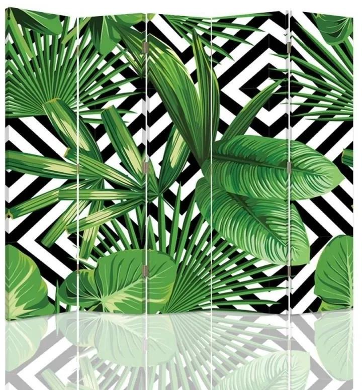 Ozdobný paraván Geometrické listy palmy zelené - 180x170 cm, pětidílný, obustranný paraván 360°