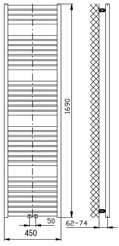 Aqualine, TONDI topné těleso 450x1690 mm, středové připojení, černá matná, DT446T