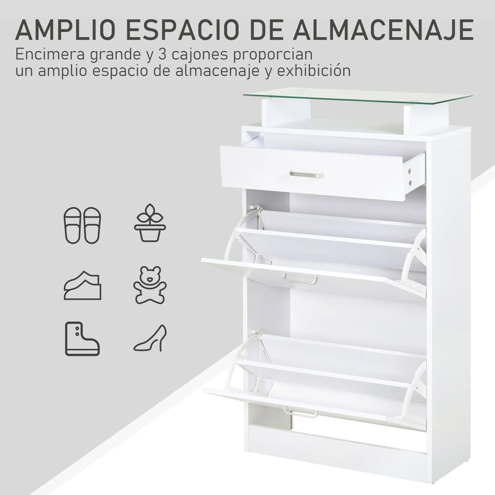 HOMCOM Botník s 3 šuplíky, skleněnou policí a hliníkovými úchyty pro předsíň, nosnost 50 kg, 60x24x105,5 cm, bílý