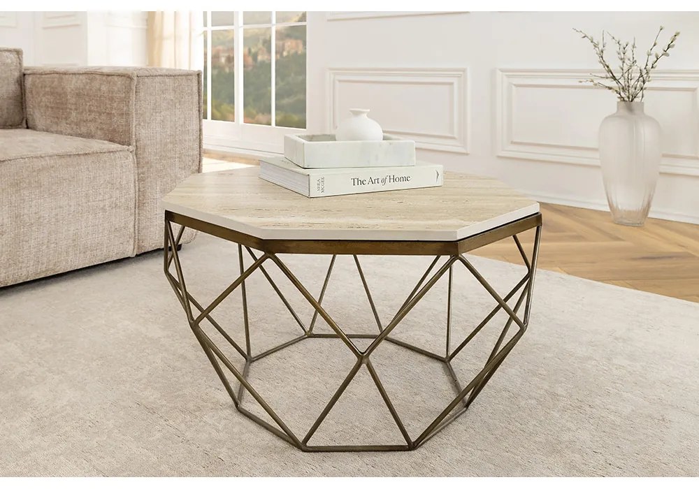 Massive home | Konferenční stolek DIAMOND 70 CM travertin zlatý podstavec