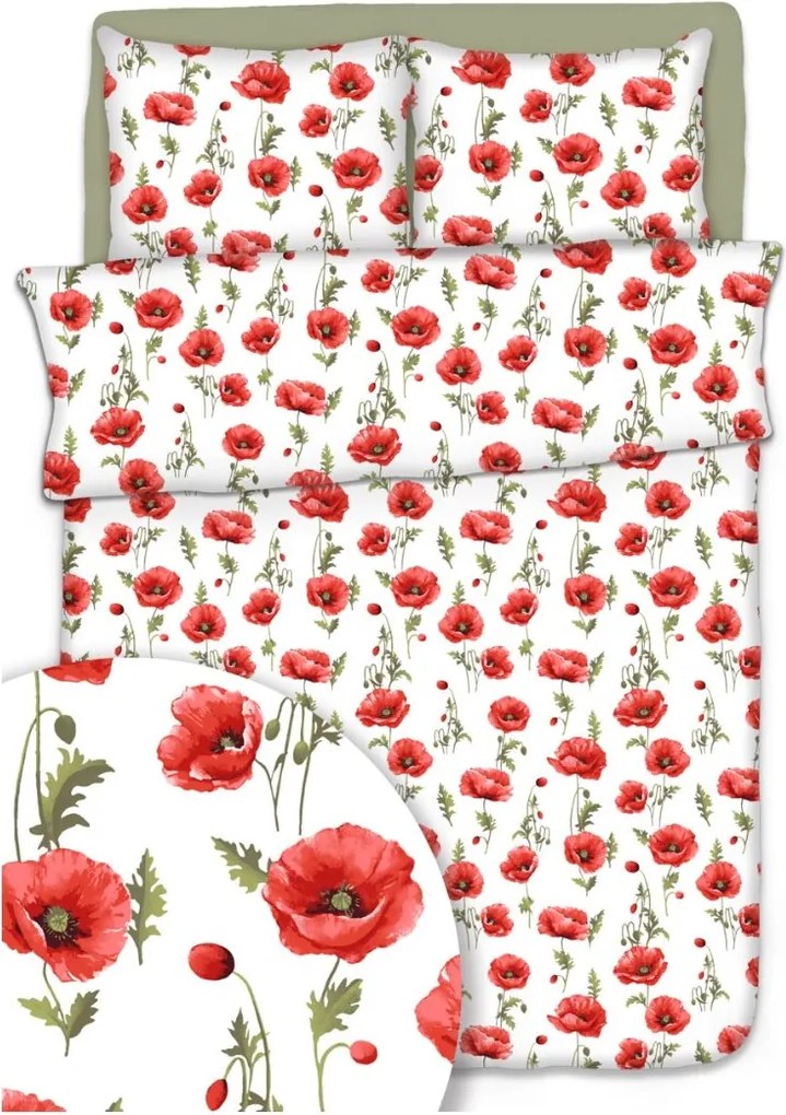 Povlečení krepové Máky bílé TiaHome - 1x Polštář 90x70cm, 1x Přikrývka 140x200cm
