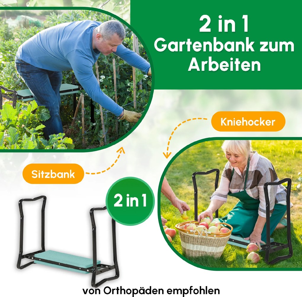Skládací zahradní kolenní lavice Outsunny, zahradní stolička s pracovními taškami a polstrováním, podpěra na kolena s nosností až 150 kg, pracovní st…