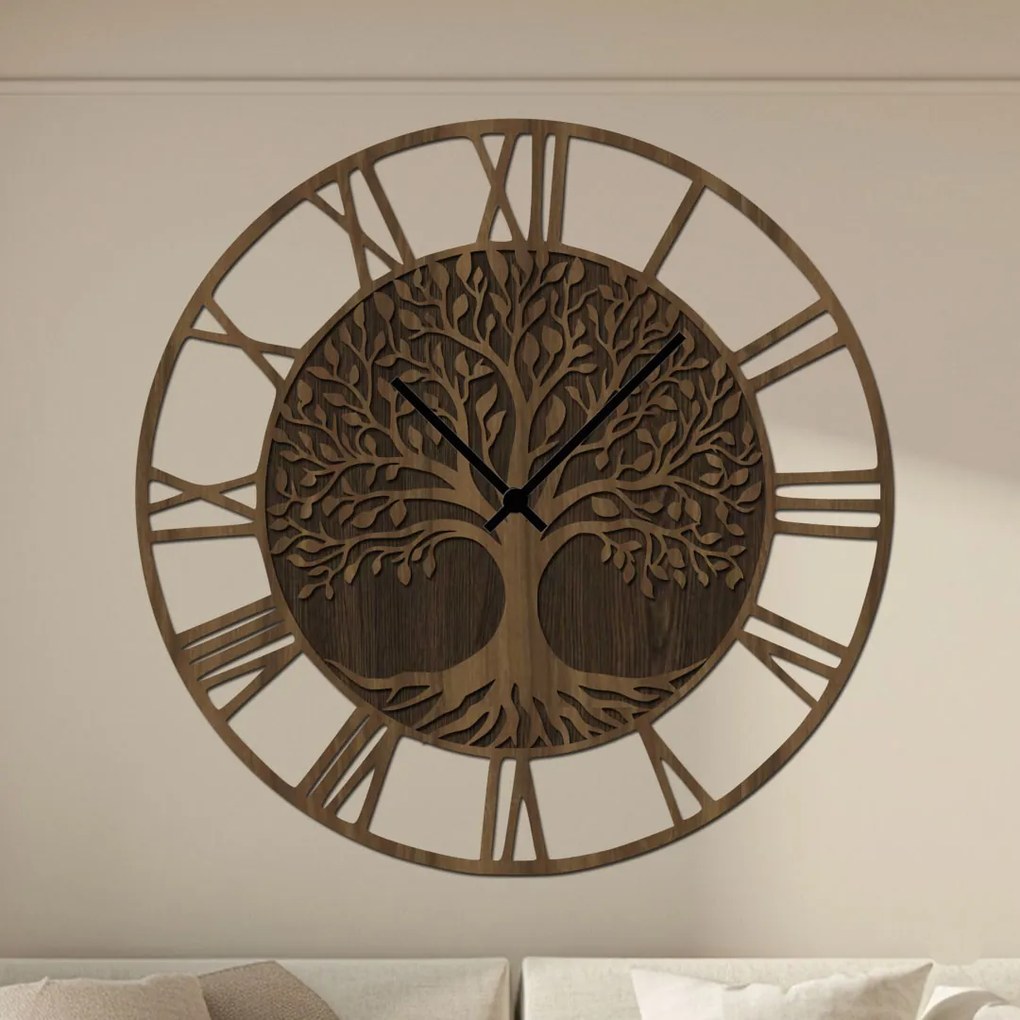 dřevo života Nástěnné hodiny STROM Zvolte barvu dekoru: Ořech-Wenge, Zvolte velikost hodin (cm): 50x50, Barva ručiček: Černé