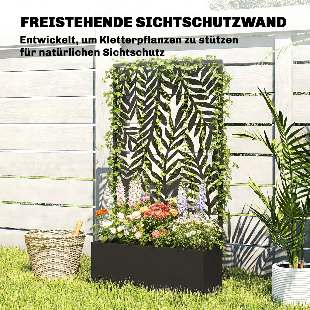 Truhlík na květináče s ochrannou mříží Truhlík na květináče s mříží s motivy tropických listů 61 x 23 x 113 cm Černá barva