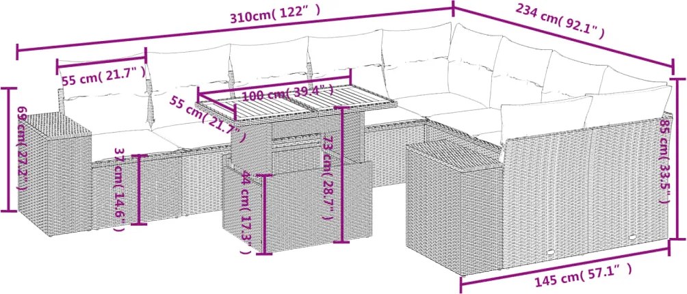 10dílná zahradní sedací souprava s poduškami béžová polyratan 3272795