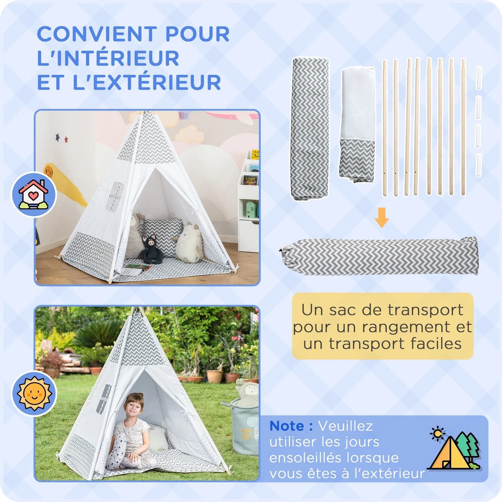 HOMCOM Dětský teepee stan Indický - dim. 1,2L x 1,2W x 1,55H m - Uzavíratelná dveřní okna, podložka, polštář a taška na nošení součástí balení - Inte…