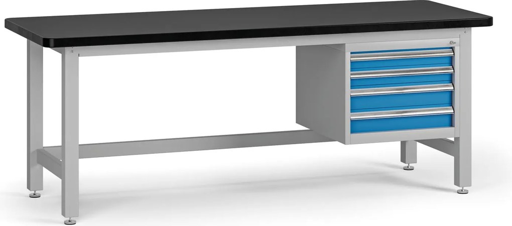 Profesionální dílenský stůl G4, 4 zásuvky, deska MDF + PVC, 2100 x 750 x 800 mm, modrá