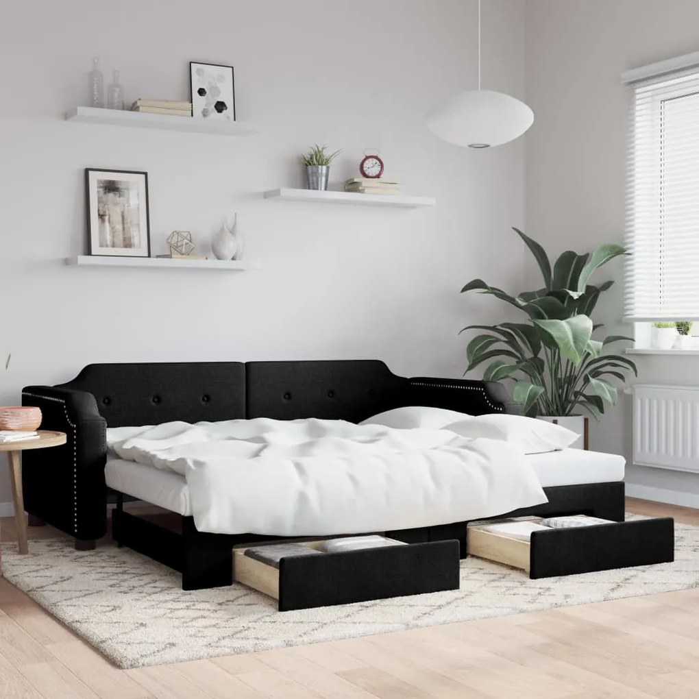 Válenda s přistýlkou a zásuvkami černá 80 x 200 cm textil 3197667