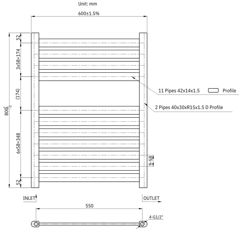 Gamma Artic, topné těleso 600x800 mm, 382 W, černá matná, GMA-ARCT-8060-BK