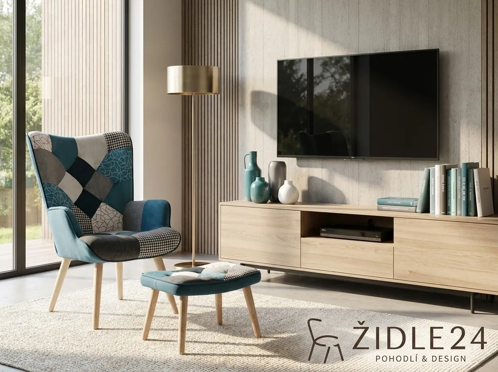 Relaxační křeslo ušák s podnožkou LYRO - modrá patchwork látka