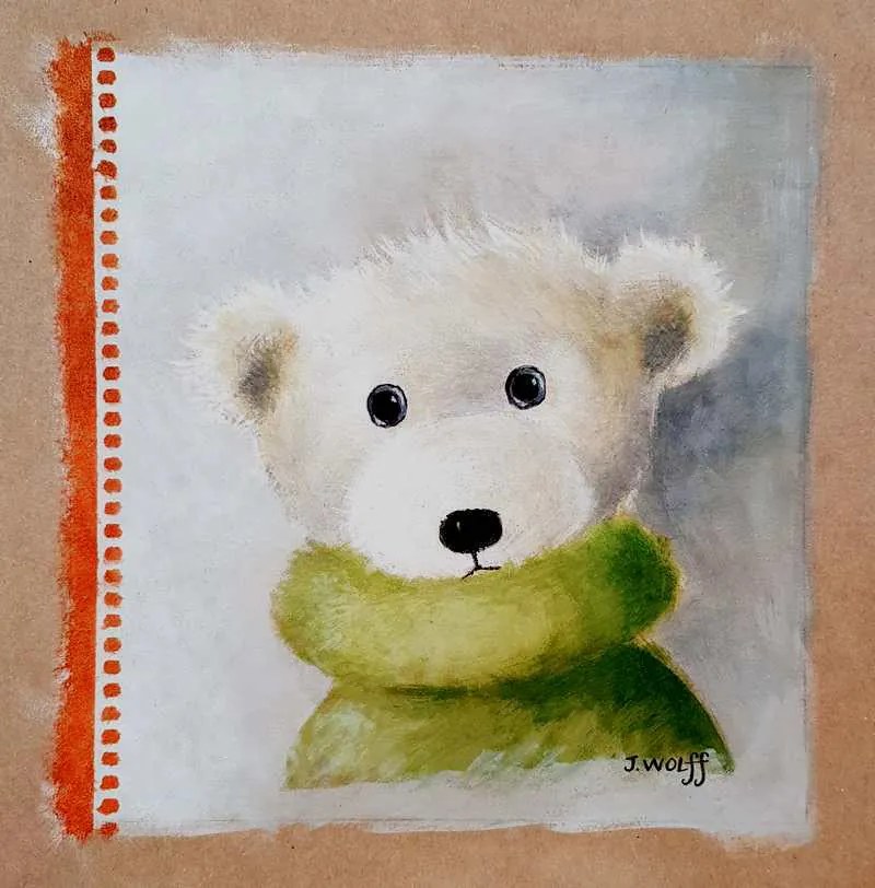 ART-STYLE Obrázek 30x30, medvěd v zeleném, rám bílý s patinou