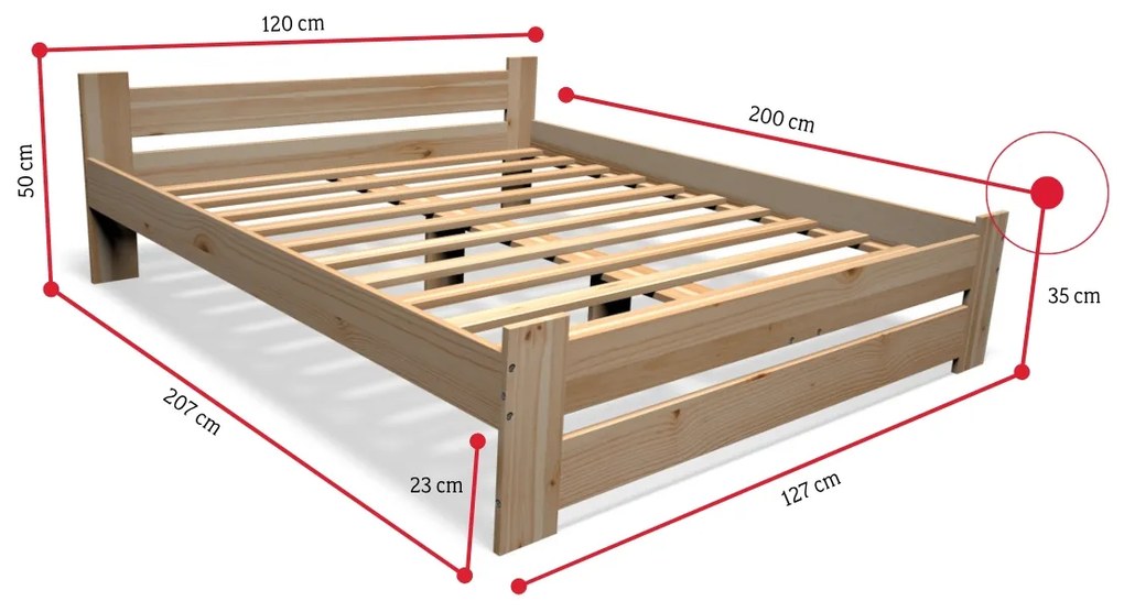 Expedo Postel z masivu STUDENT + rošt ZDARMA + pěnová matrace MORAVIA 16 cm, 120x200cm, přírodní/nelak