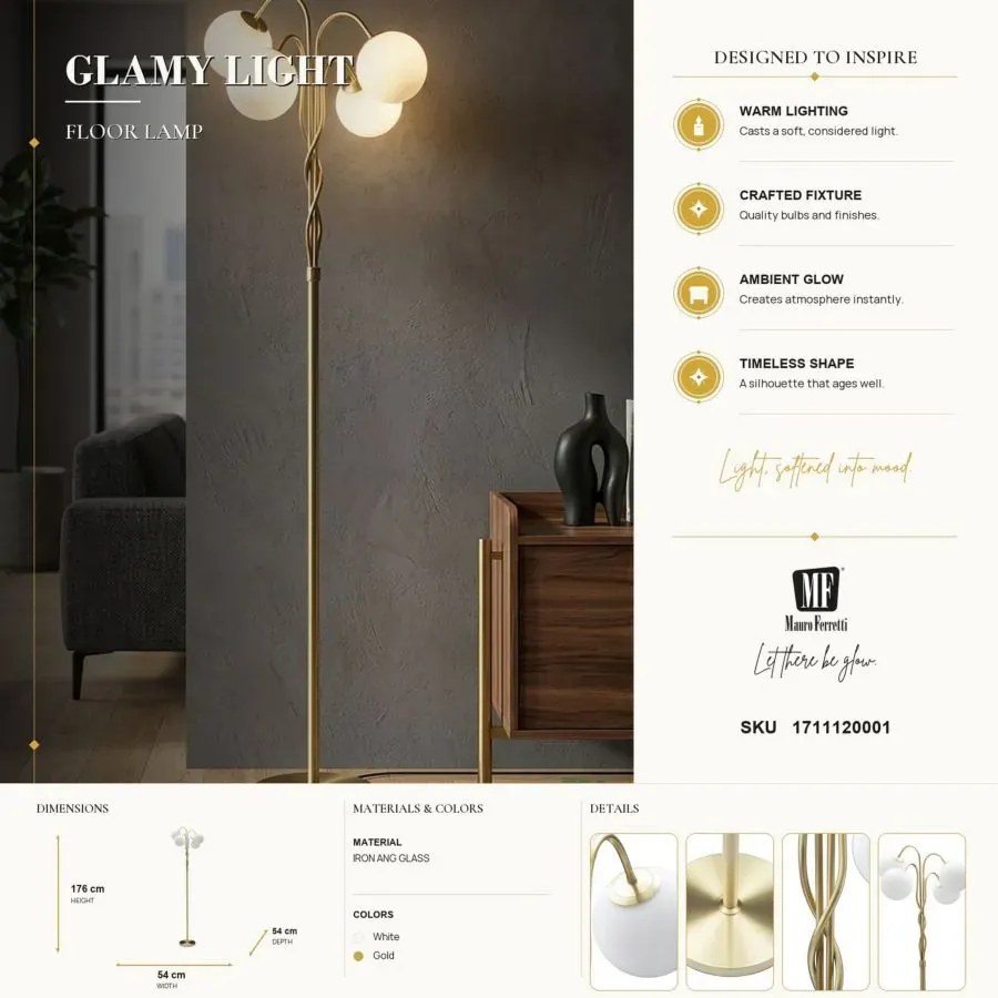Stojací lampa Glamy 176 cm bílá/zlatá
