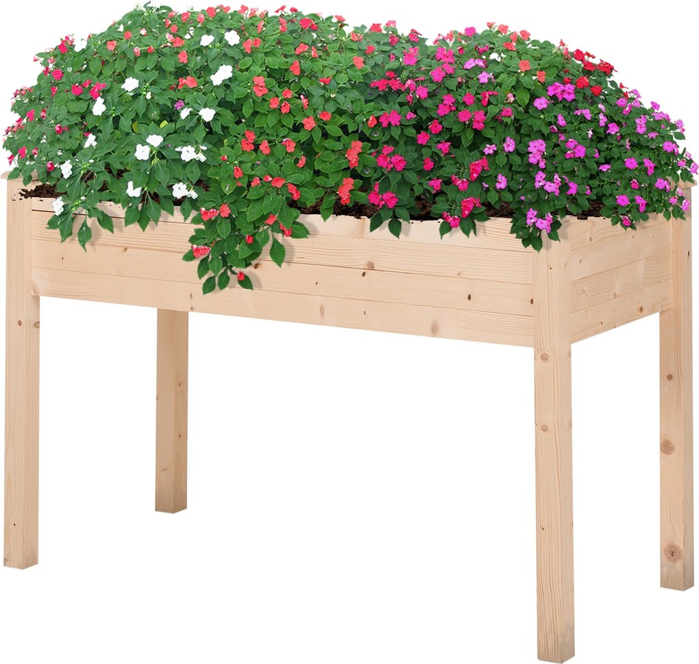 Outsunny Vyvýšená Městská Zahrada z Přirozeného Dřeva 122,5x56,5x76 cm - Vyvýšený Zahradní Stůl s Netkanou Textilií a 4 Odtokovými Otvory pro Rostlin…