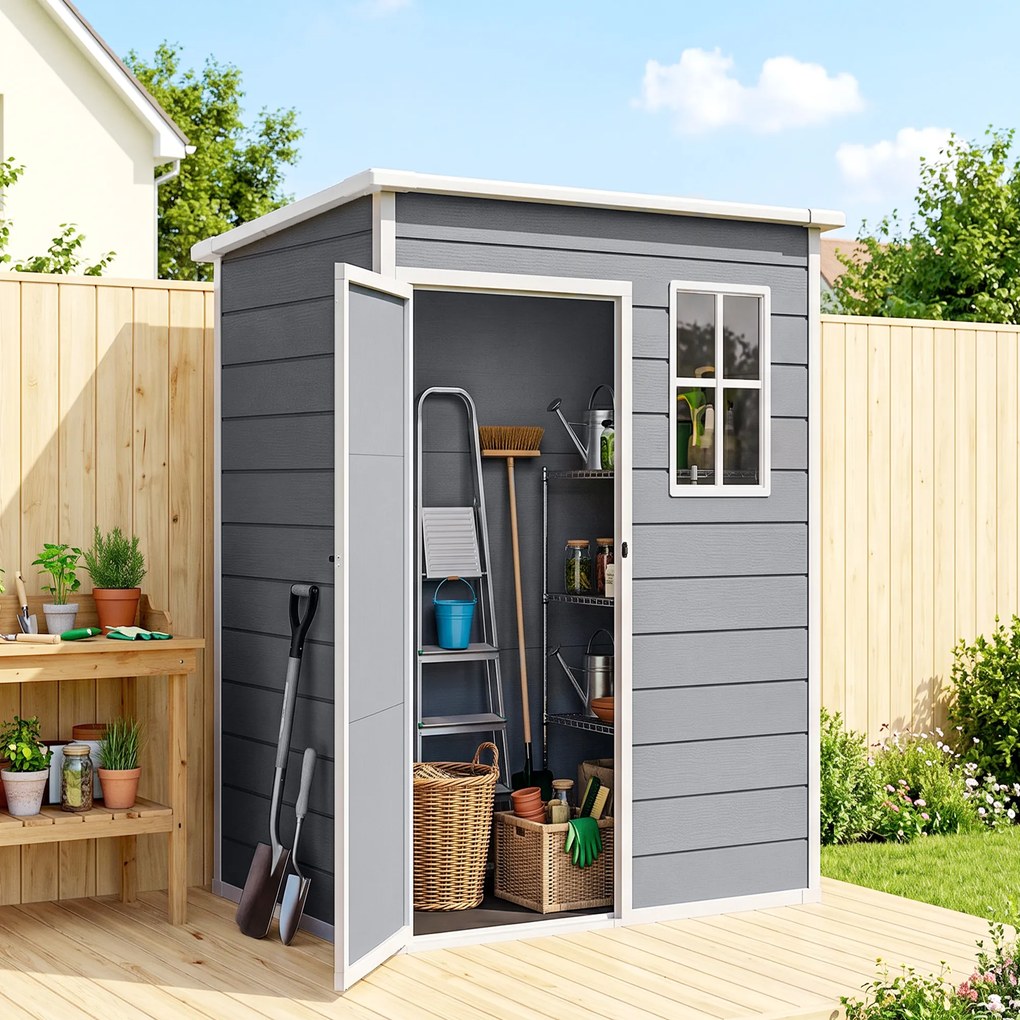 Zahradní kůlna Outsunny 1,14 m² - uzamykatelné dveře, ventilace a okno - rozměry 151D x 92Š x 193V cm - plast, šedá