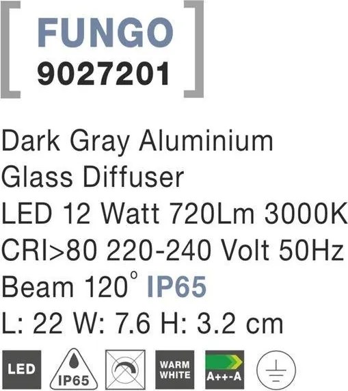 NV 9027201 Venkovní nástěnné svítidlo FUNGO tmavě šedý hliník skleněný difuzor LED 12W 3000K 220-240V 120st. IP65 světlo dolů - NOVA LUCE