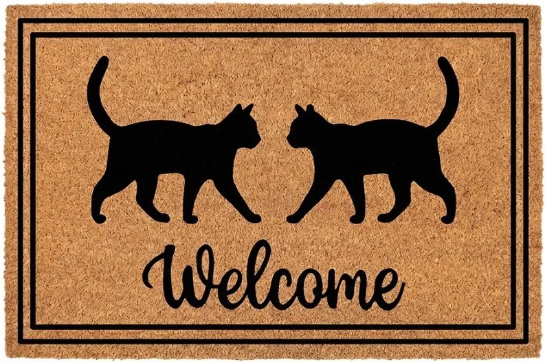 Hnědá kokosová rohožka s kočkami Welcome - 75*45*1 cm