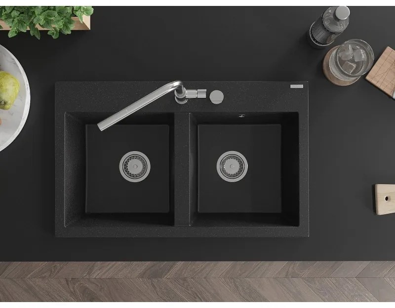 Mexen Hektor, 2-komorový granitový dřez 800x480x205 mm, černá-stříbrná metalíza, chromový sifon, 6521802000-73