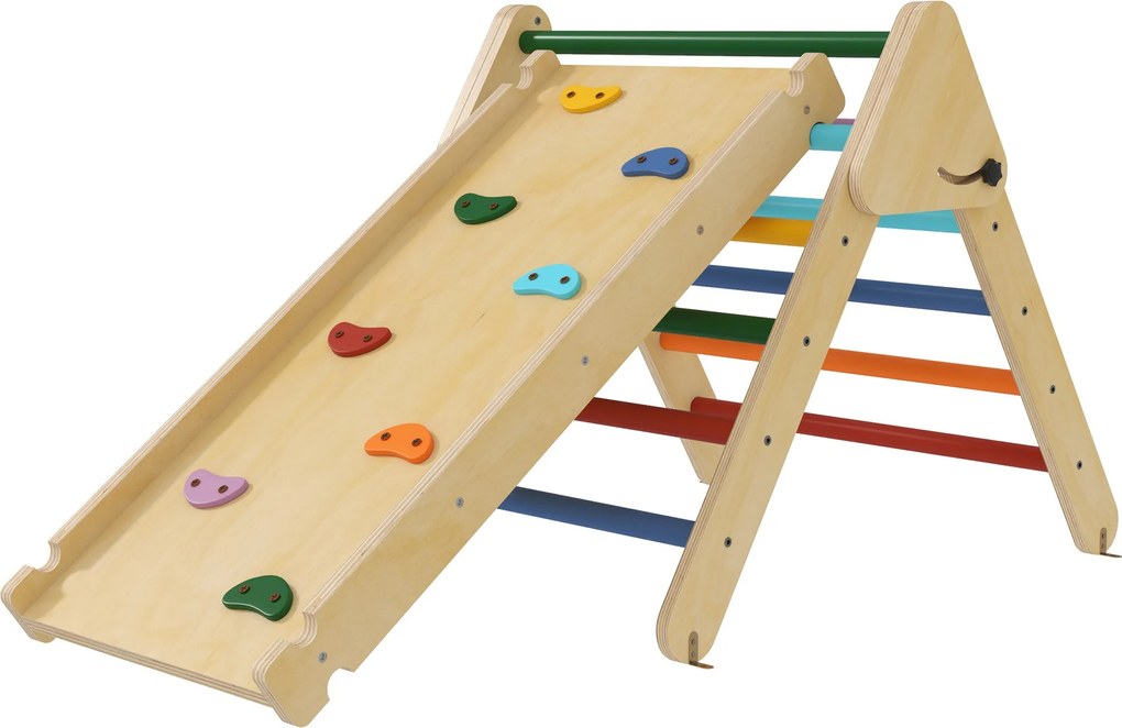 AIYAPLAY Skládací dřevěný lezecký trojúhelník 3v1 pro děti ve věku 18-48 měsíců se skluzavkou nebo rampou 147x64,5 cm Multi-barva | Aosom