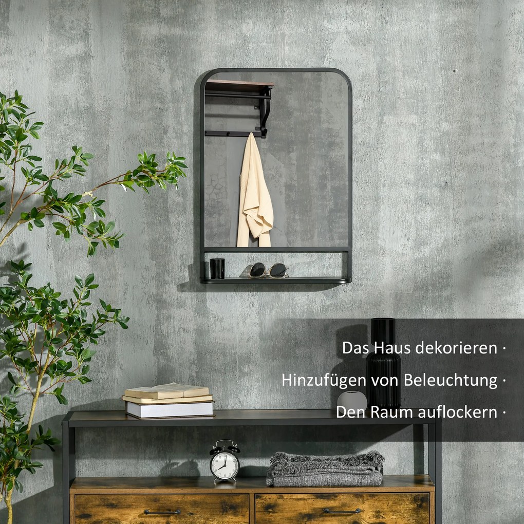 HOMCOM Nástěnné zrcadlo s policí 70x50cm moderní elegantní obdélníkové černé do obývacího pokoje a předsíně