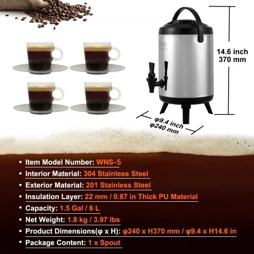 Nerezový izolovaný dávkovač nápojů, 5,7 l 6 litrů
