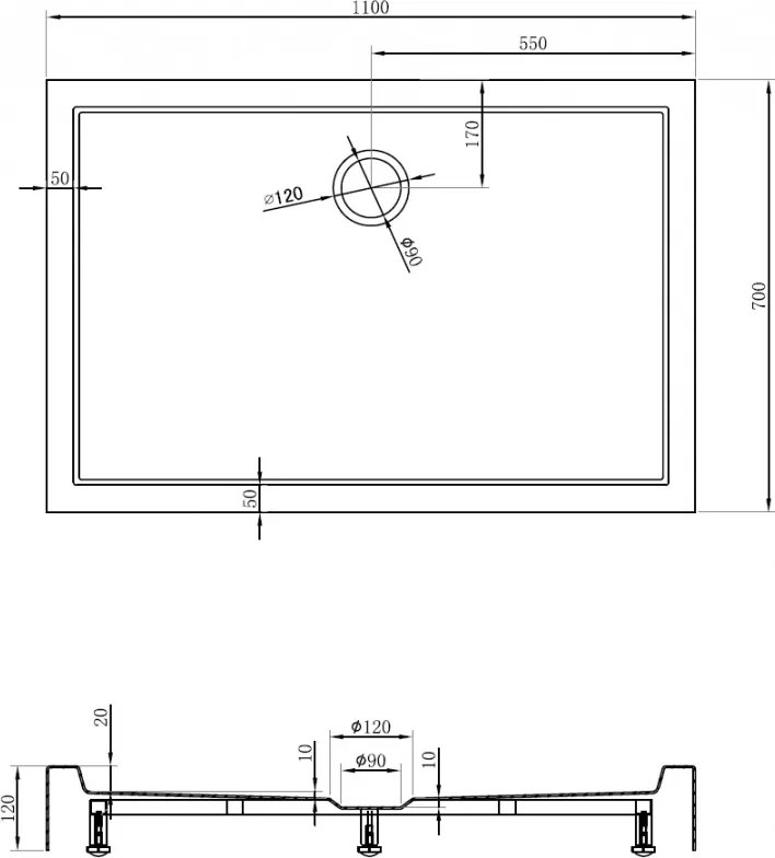 Mexen Flow+, obdélníková sprchová vanička 110 x 70 cm, bílá lesklá, 46R107011H