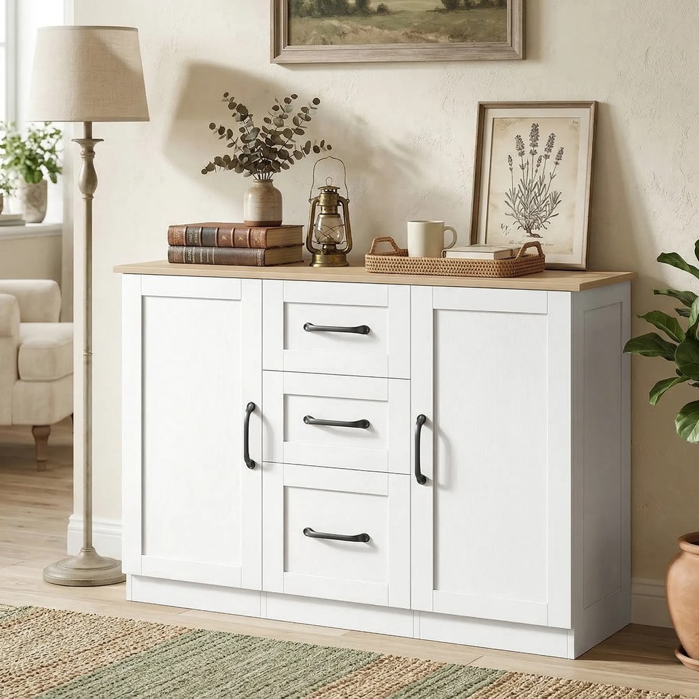 HOMCOM Komoda do obývacího pokoje, úložný nábytek se 2 dvířky s tichým dovíráním a 3 zásuvkami, 110x35x80,4 cm, bílá a přírodní dřevo