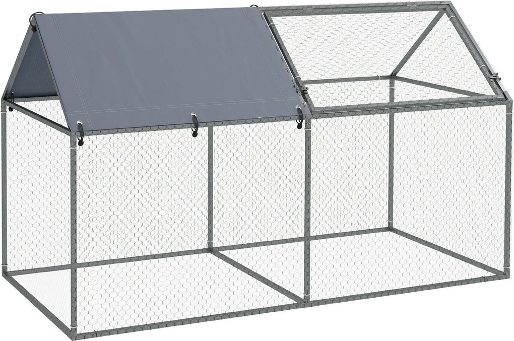 PawHut Malá Kotec pro Hlodavce s Ocelovou Konstrukcí, 1 Vrchními Dveřmi a 1 Fólií proti UV, pro Venkovní Zahradu 198x100x120 cm Stříbrná