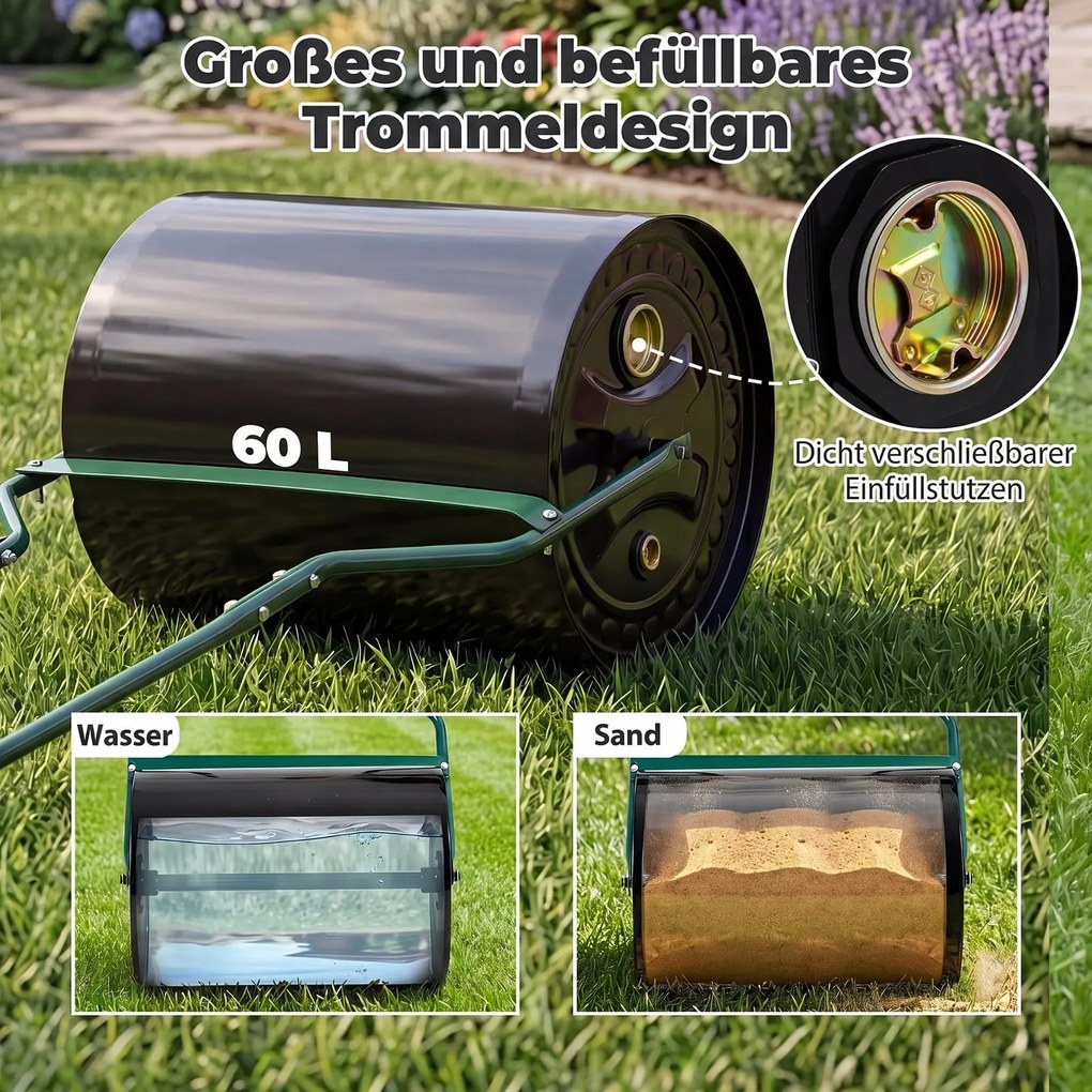 Costway Kovový válec na trávu s objemem náplně 60 L a šířkou rolování 50 cm.