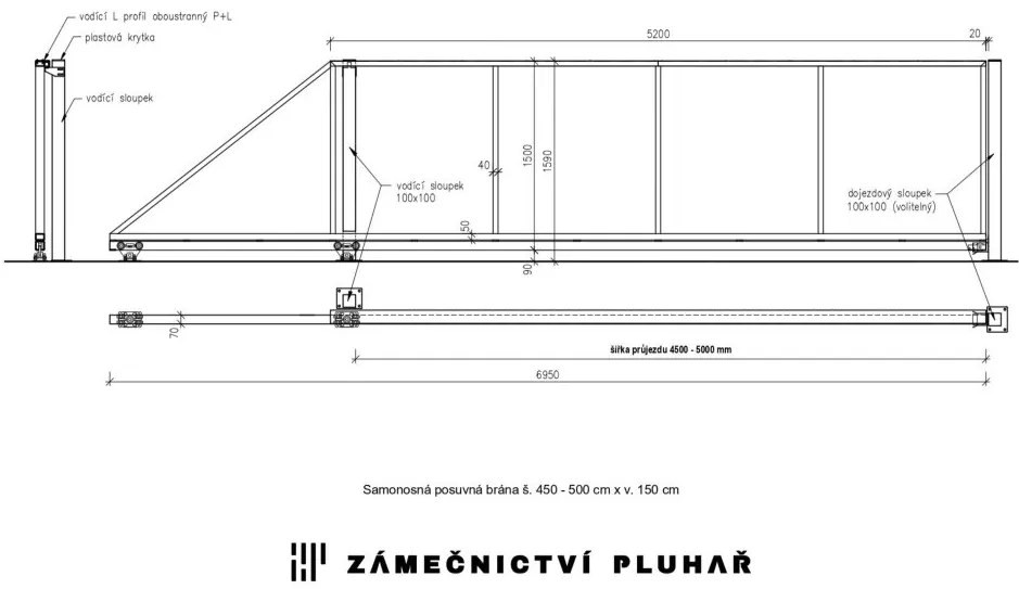 Samonosná posuvná brána š. 450 - 500 cm x v. 150 cm