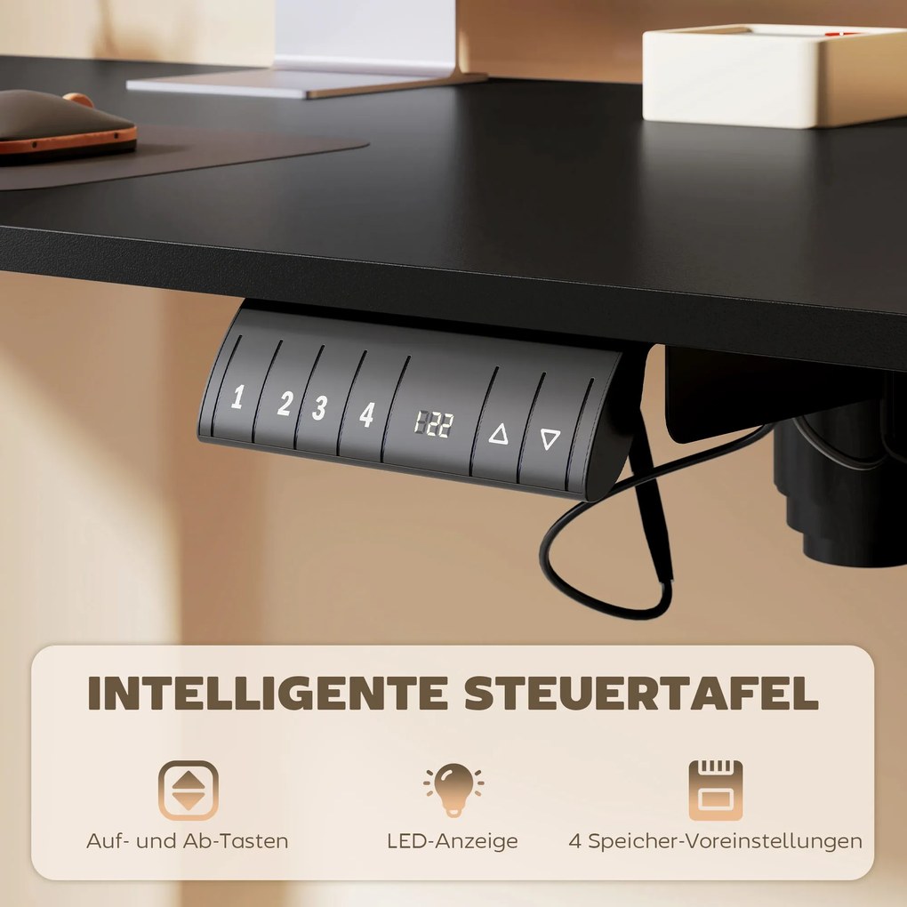 Stůl Vinsetto se stojanem na sezení, elektrický, s ochranou proti nárazu, ochranou proti přehřátí, možnost ukládání, 140x70x72-116cm, dřevotříska, če…