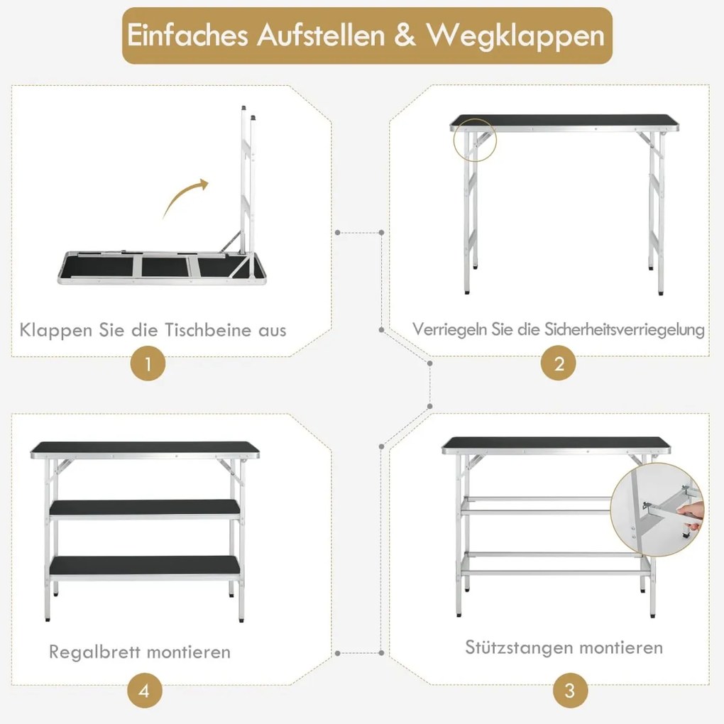 Costway Skládací hliníkový kempingový stůl se 2 patry Camping Cabinet, černý