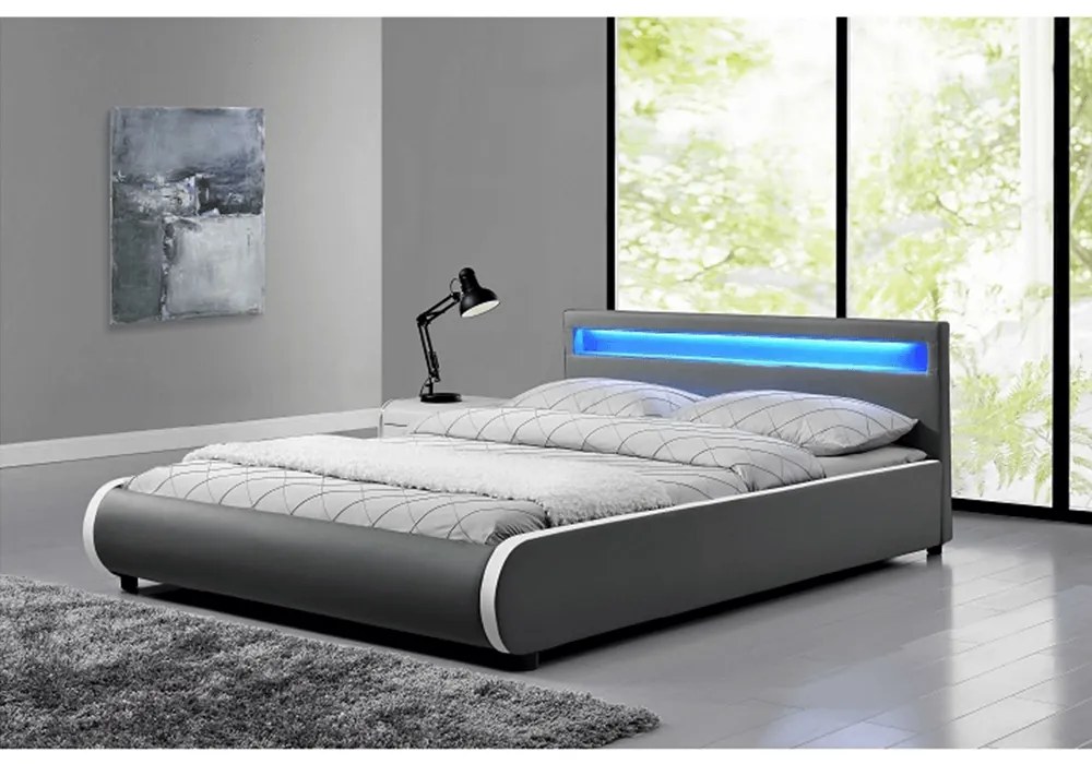 Kondela Manželská postel s RGB LED osvětlení,, šedá ekokůže, 160x200, DULCEA