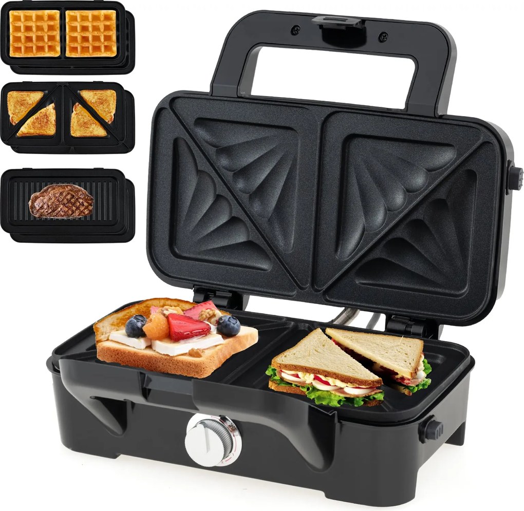 Costway 3-in-1 Vaflovač a lis na panini a sendvičovač Přenosný elektrický
