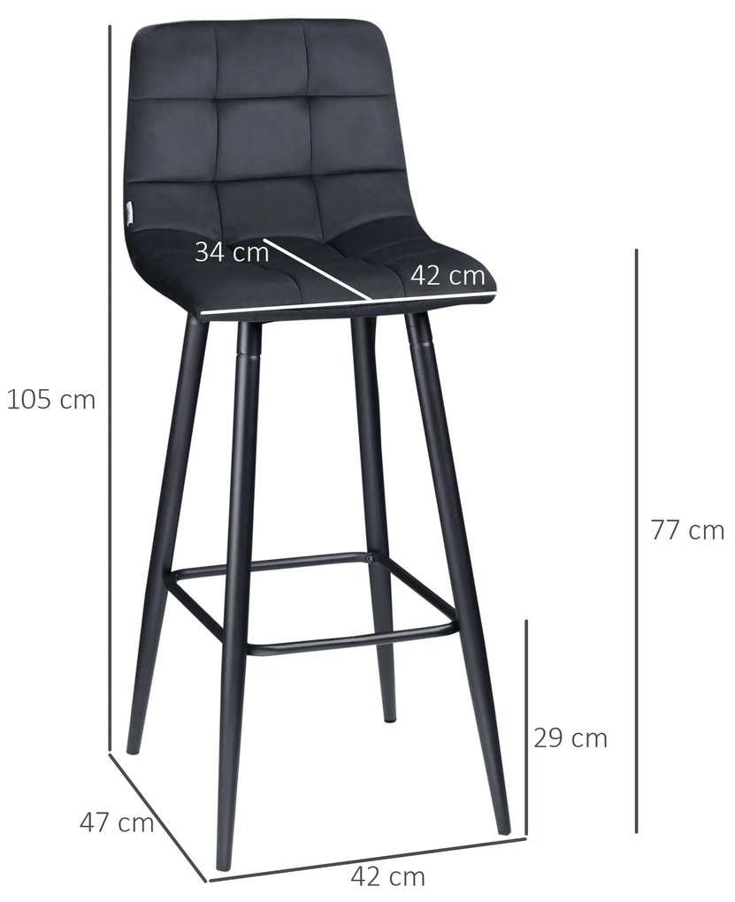 HOMCOM sada 2 barových stoliček bistro stolička s podnožkou sametový potah kuchyňská židle pultová stolička sada ocelové nohy černá 42x47x105cm do ob…