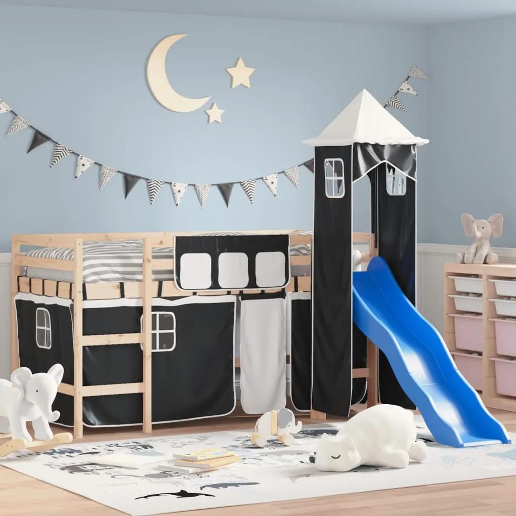 Dětská patrová postel s věží bílá a černá 90 x 190 cm borovice,  3207081