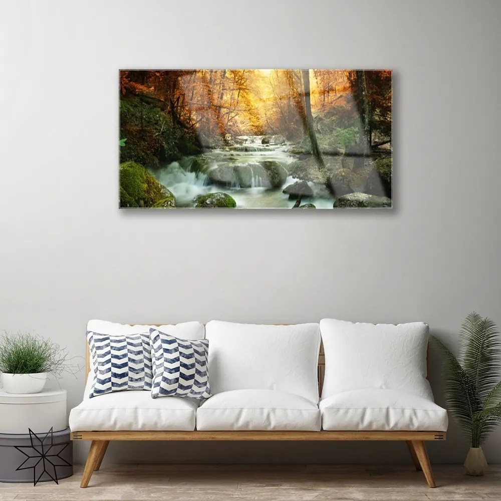 Obraz na skle Vodopád Příroda Les Podzim 120x60 cm