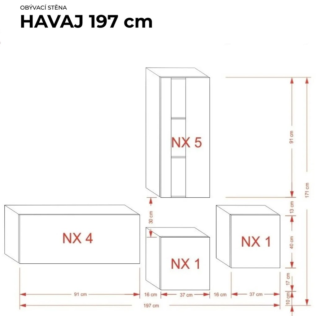 Ral Obývací stěna HAVAJ 2, 197 cm - Bílo/černý lesk