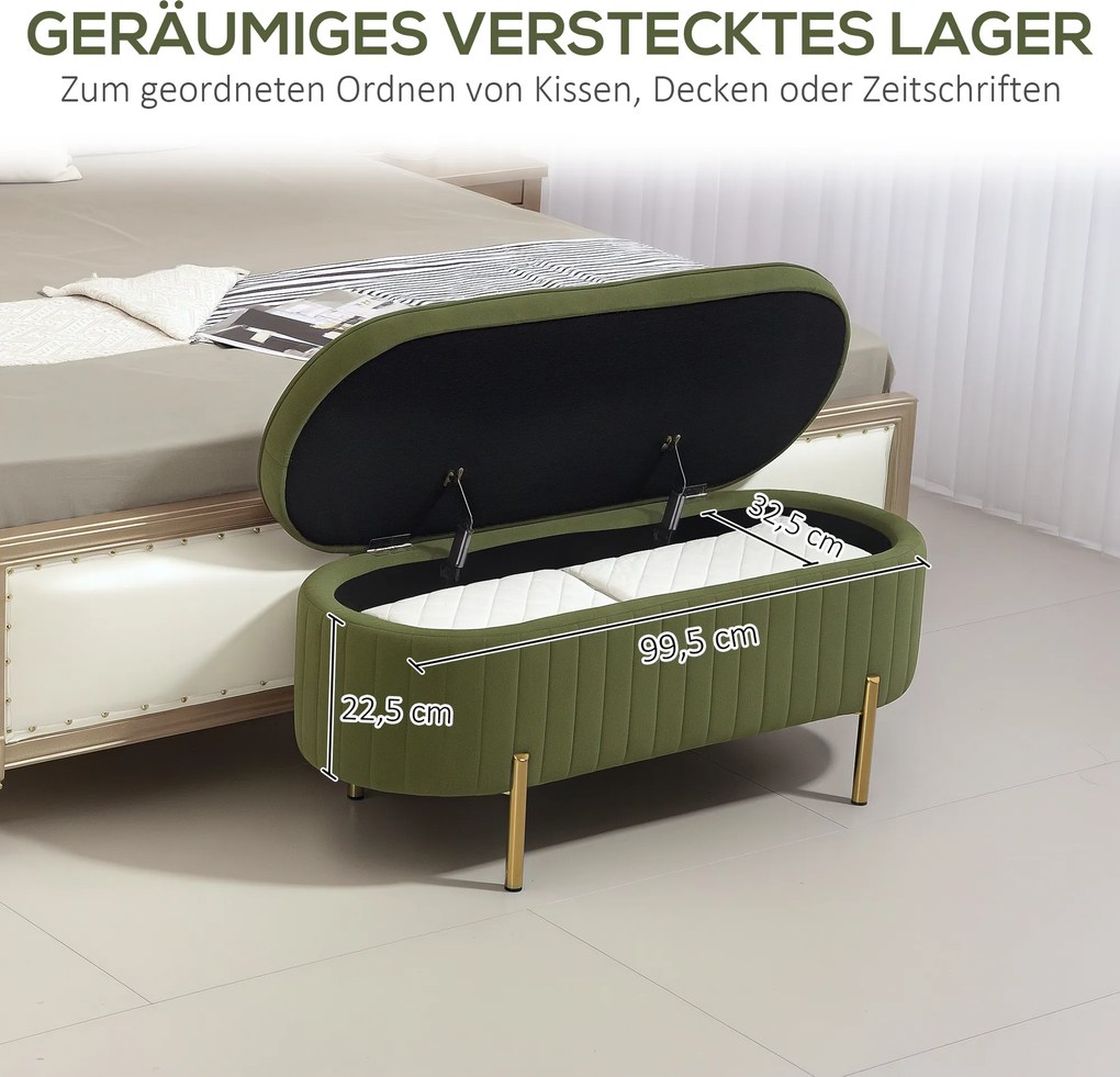HOMCOM Oválná úložná lavice 72L s výklopným víkem a rýhovaným designem, moderní sametová tkanina a borovicové dřevo, 108x44x43,5 cm, tmavě zelená