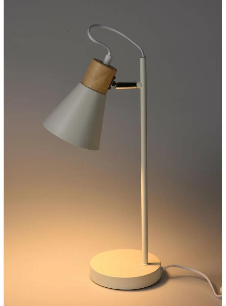Kovová stolní lampa s dřevěným podstavcem Solano bílá, 14 x 47 cm