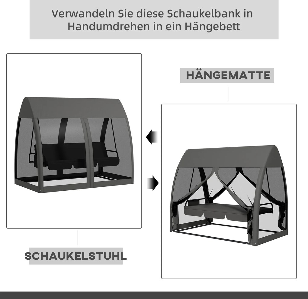Outsunny Outsuuny 2 v 1 hollywoodská houpačka s funkcí polohování 3místná zahradní houpačka se stříškou, moskytiéra, nosnost houpací lavice až 300 kg…