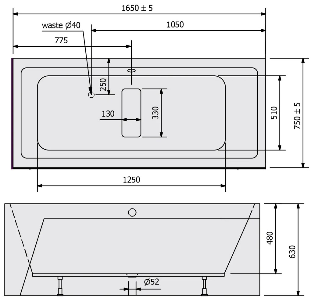 Polysan MARLENE R MONOLITH obdélníková vana 165x75x63cm, bílá, 72403MR