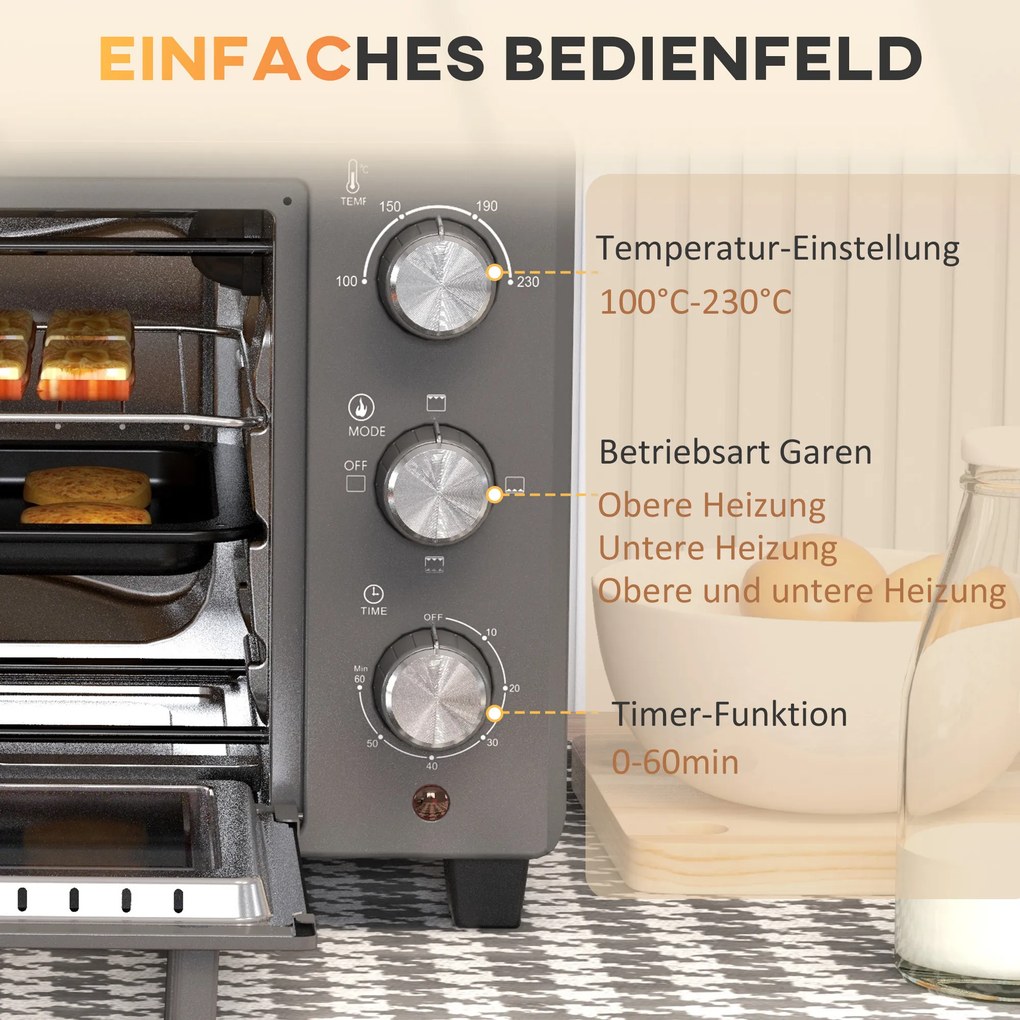 HOMCOM Mini trouba 21L 1400W 60 min. časovač, malá trouba s nastavitelnou dobou pečení 100 °C-230 °C, mini trouba s pečicím plechem, drátěný rošt, ne…