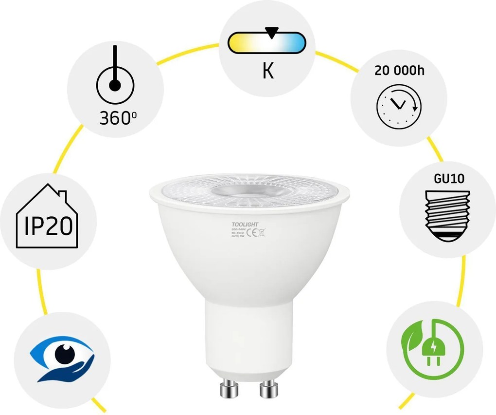 Toolight Toolight, LED žárovka GU10, 5W, 400lm, 6000K, studená barva, RSL042, OSW-20023