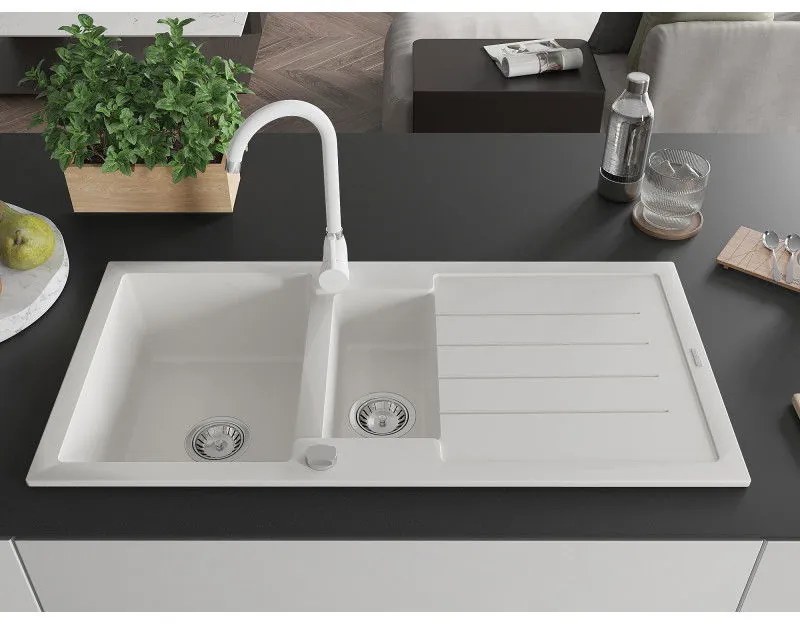 Mexen Andres 1,5-komorový granitový kuchyňský dřez s odkapávačem 100x50 cm a kuchyňská baterie Telma, bílá, 6515-20-670200-20